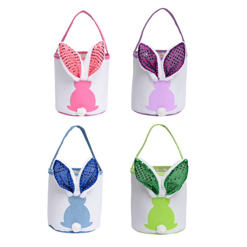Glow Easter Bunny Basket Foldable Canvas Bag with Handle & Fuzzy Rabbi